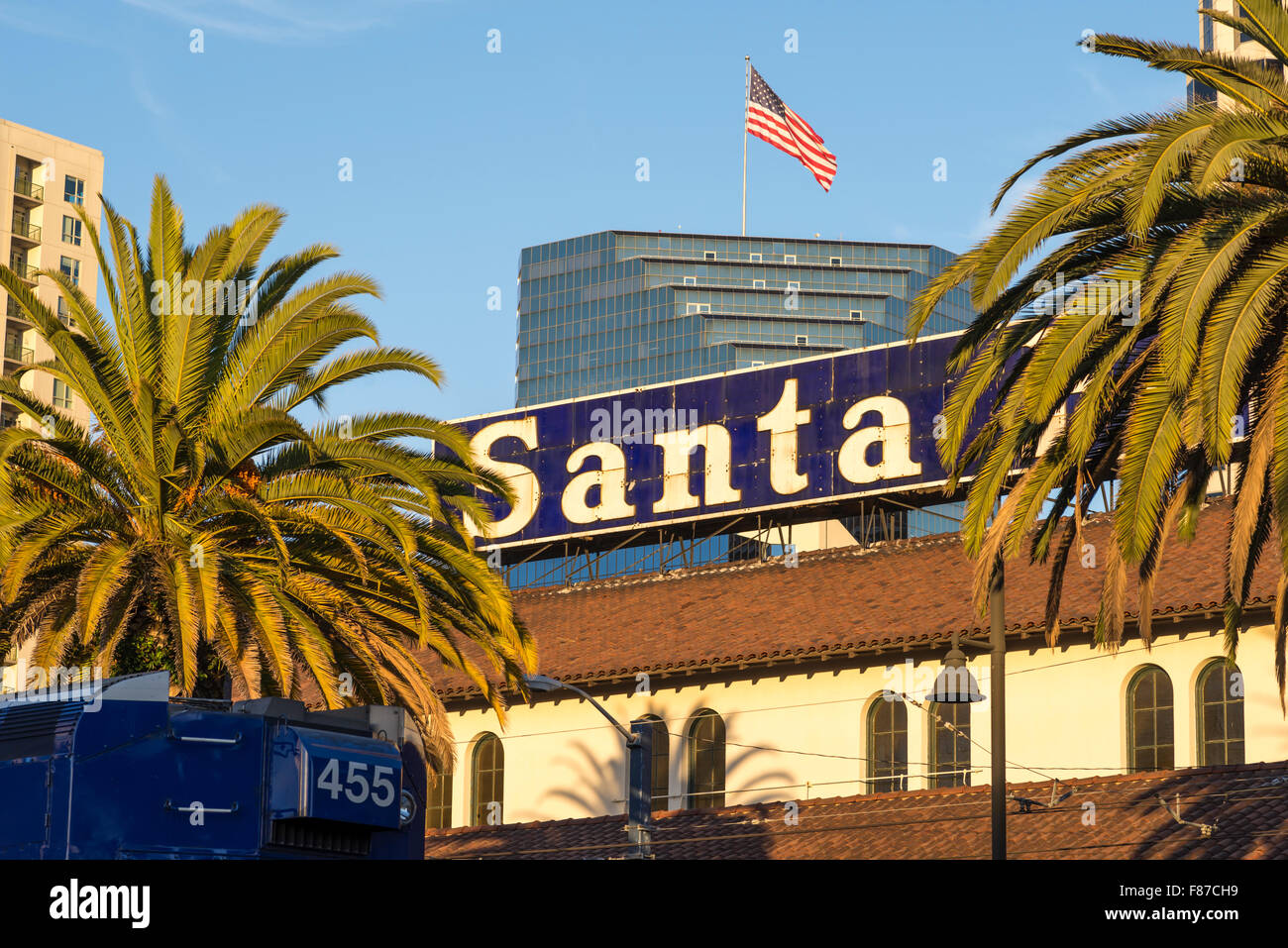 Santa Fe Depot sign, sign, American Flag. Union Station, San Diego ...