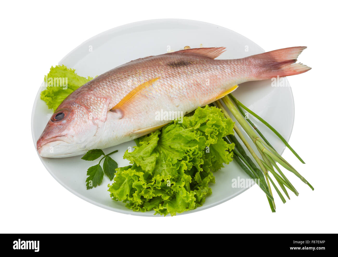 Raw red snapper with salad leaves Stock Photo - Alamy