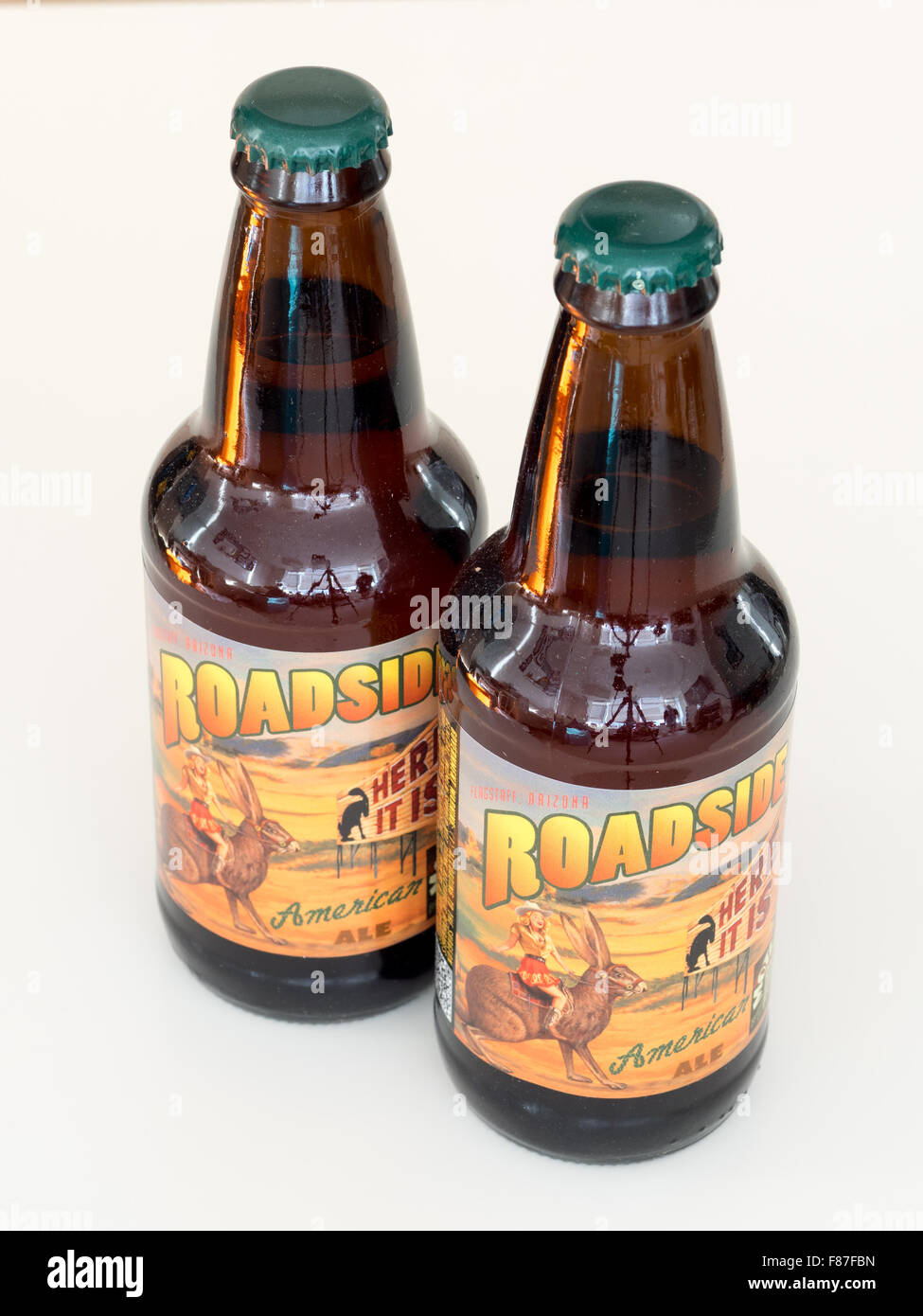 A bottle of Roadside American Ale, produced by the Mother Road Brewing ...