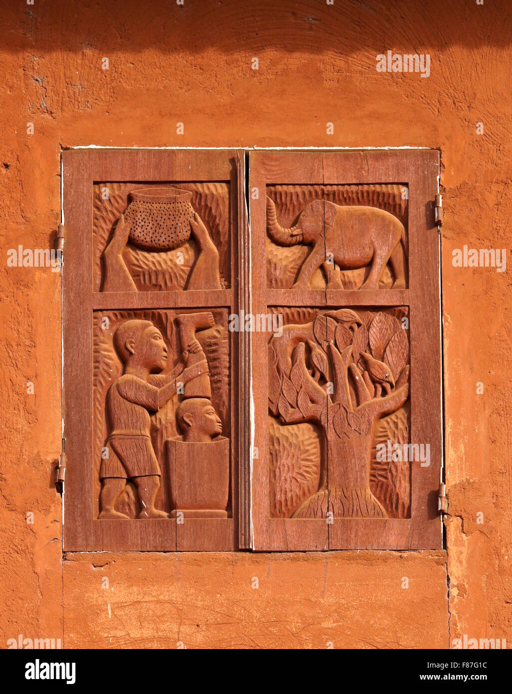 Carved wood window shutters at royal palace museum of Dahomey King ...