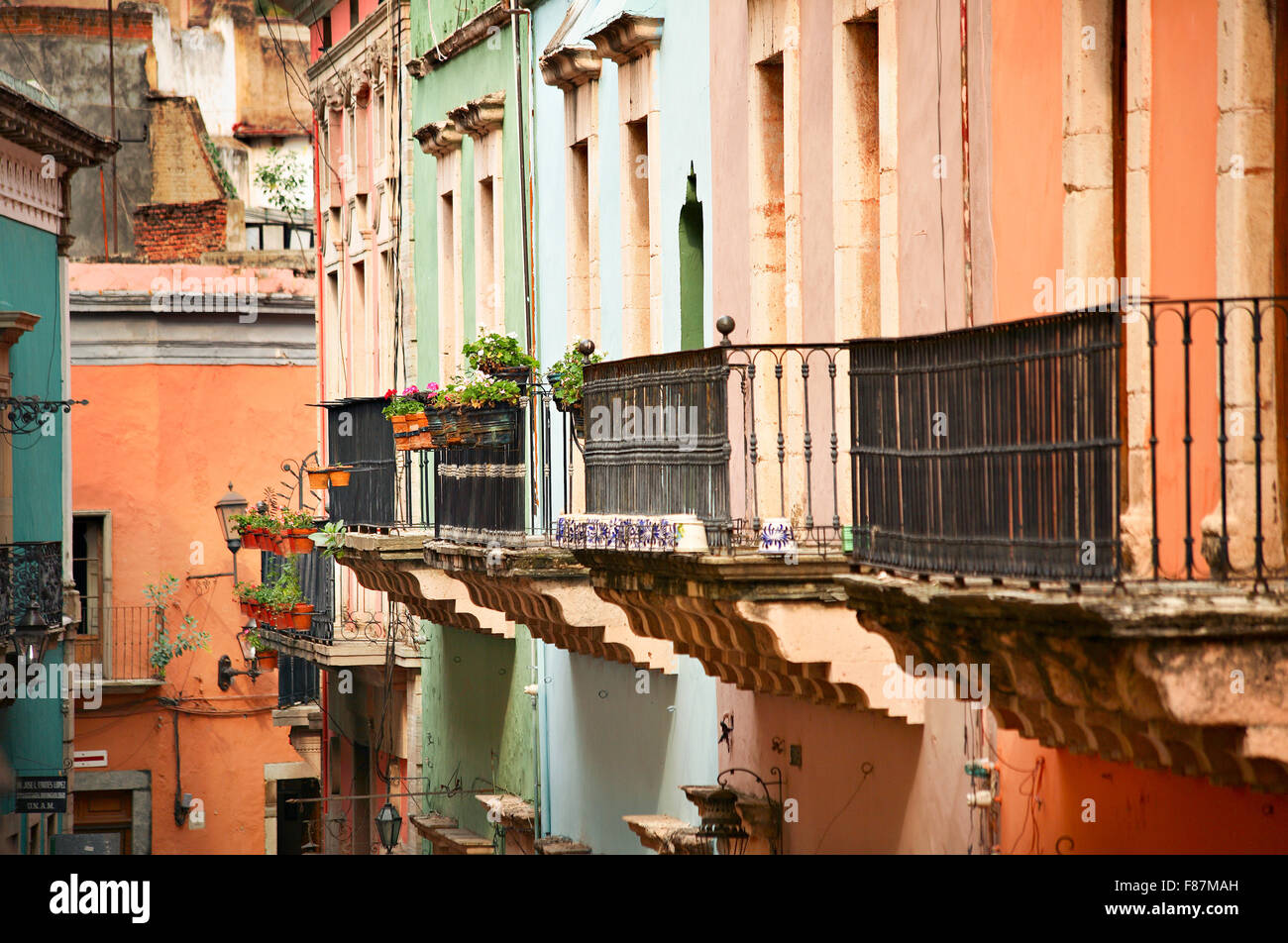 Balconies of colorful colonial houses in the city of Guanajuato, Mexico ...