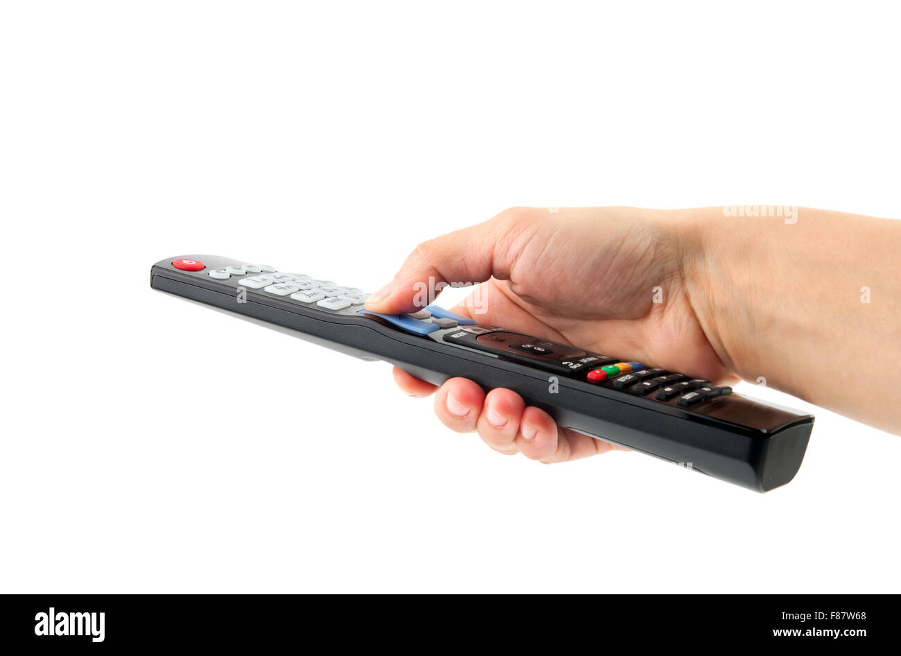 hand with remote control pointing forward isolated at white Stock Photo ...