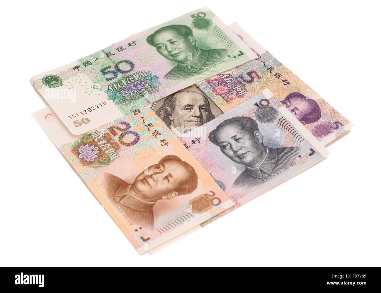 Hundred dollar bill surrounded by Chinese Yuan isolated on white Stock ...