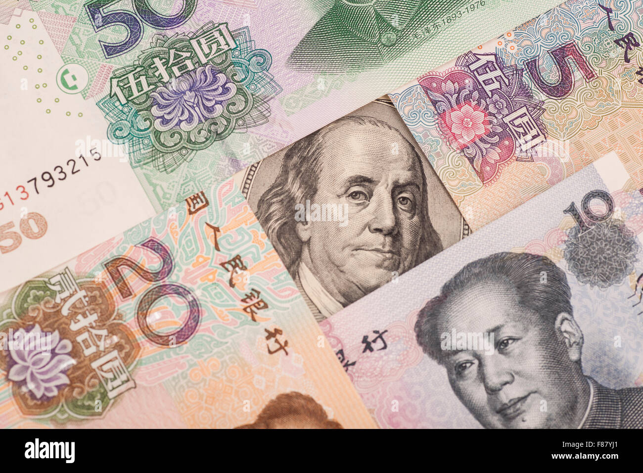 Hundred dollar bill surrounded by Chinese Yuan Stock Photo - Alamy