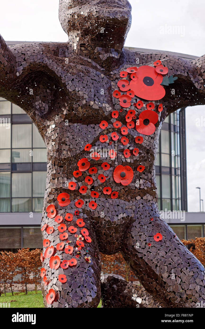Solstice Park steel sculpture of man with poppies Stock Photo - Alamy