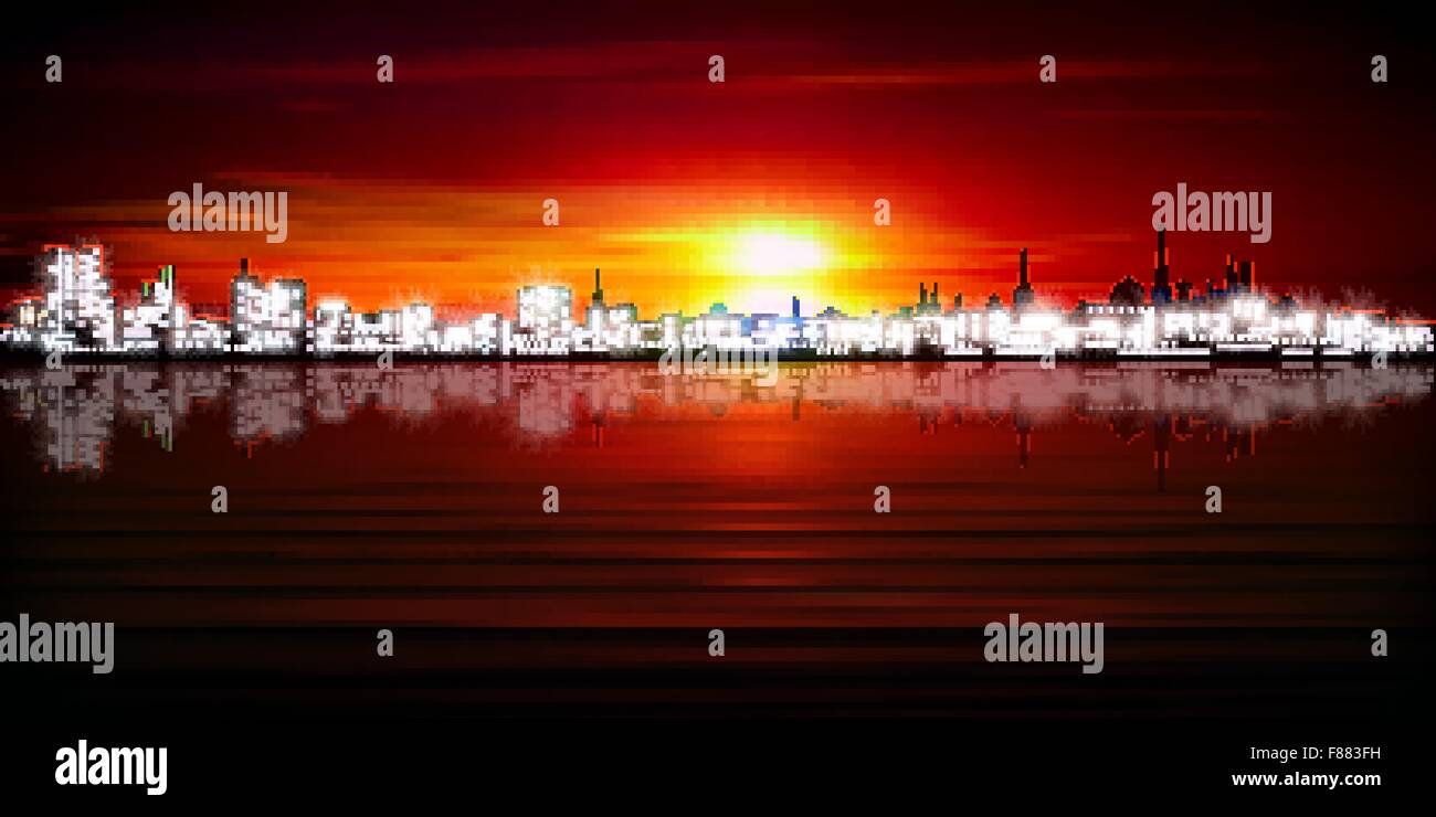 abstract red sunset background with silhouette of city vector ...