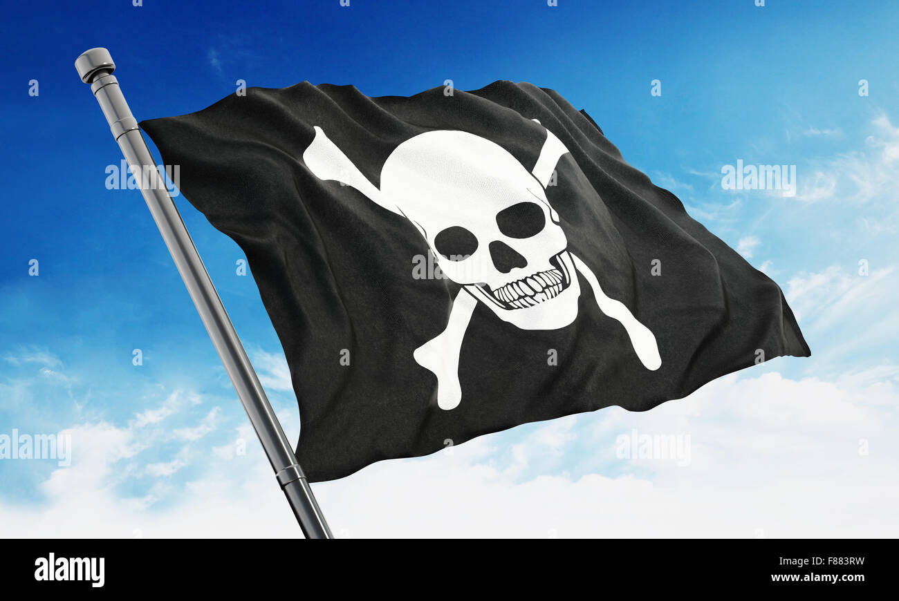 Pirate flag waving on blue background Stock Photo - Alamy