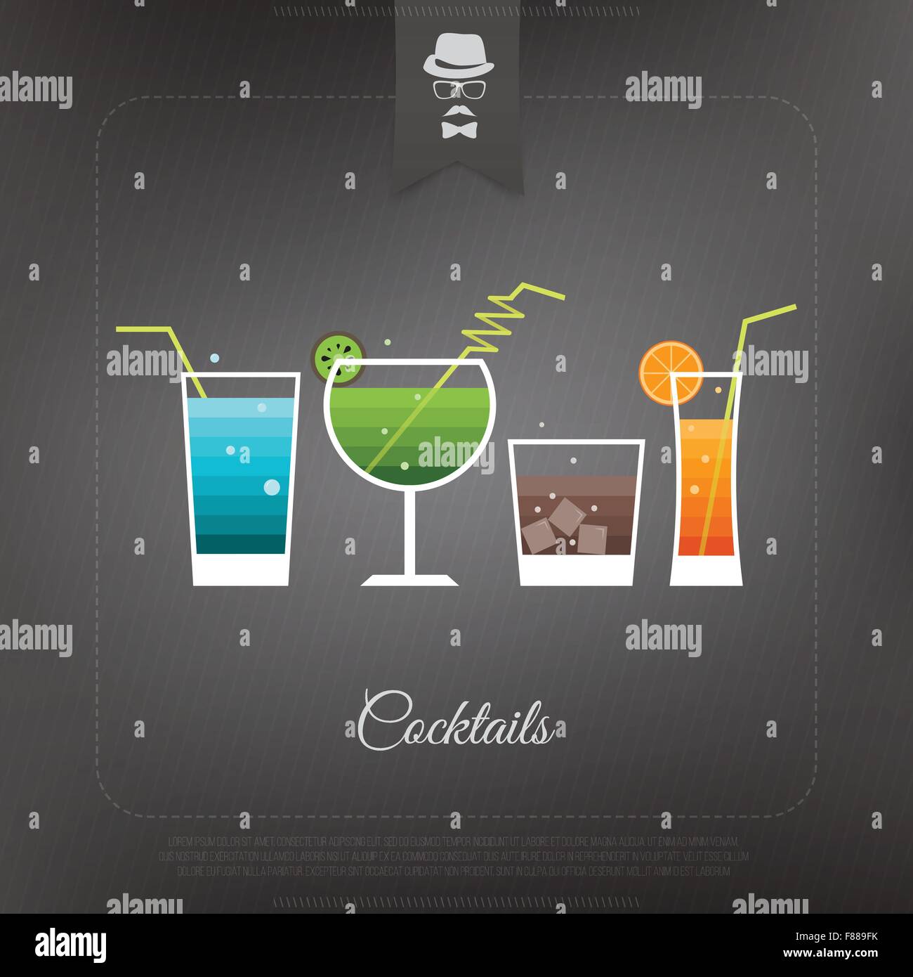 set of fresh, party cocktail icons over dark background. vector ...