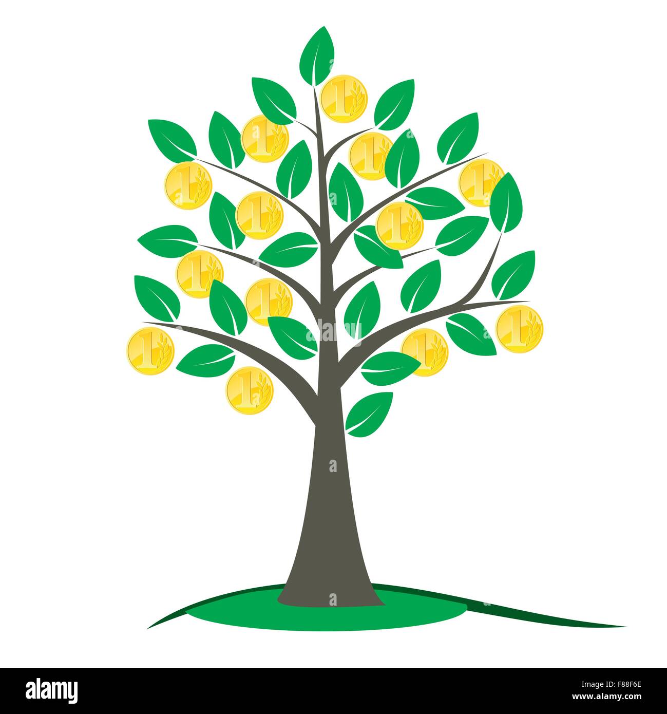 Money tree vector illustration with green leafs and golden coins on the ...