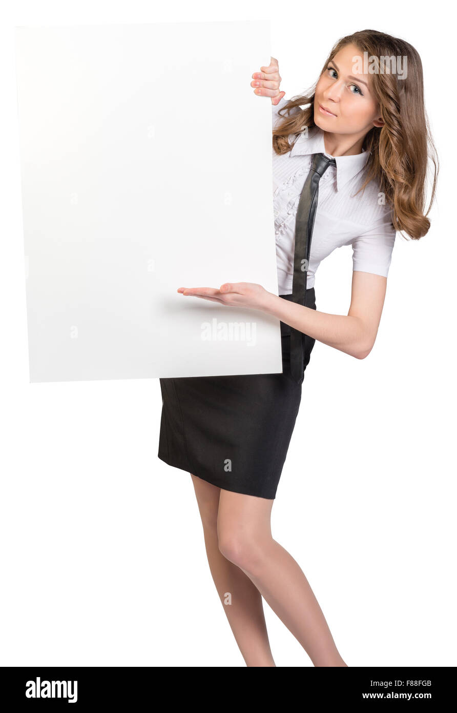 Woman looks out from behind a large blank poster showing him Stock ...