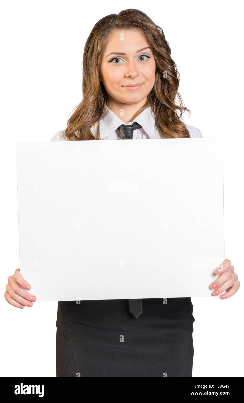 Girl holding poster. On white background Stock Photo - Alamy