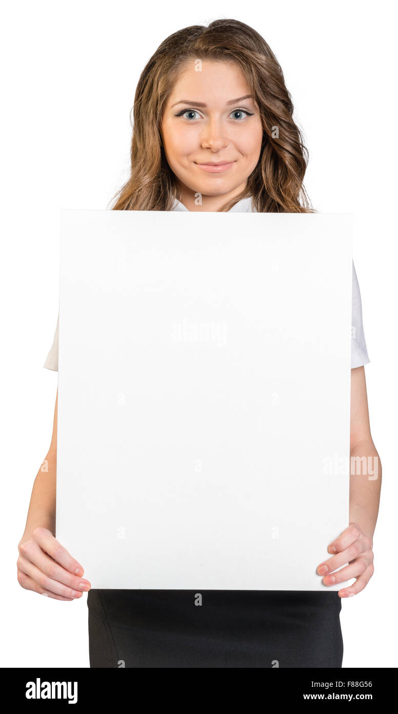 Girl holding poster. On white background Stock Photo - Alamy
