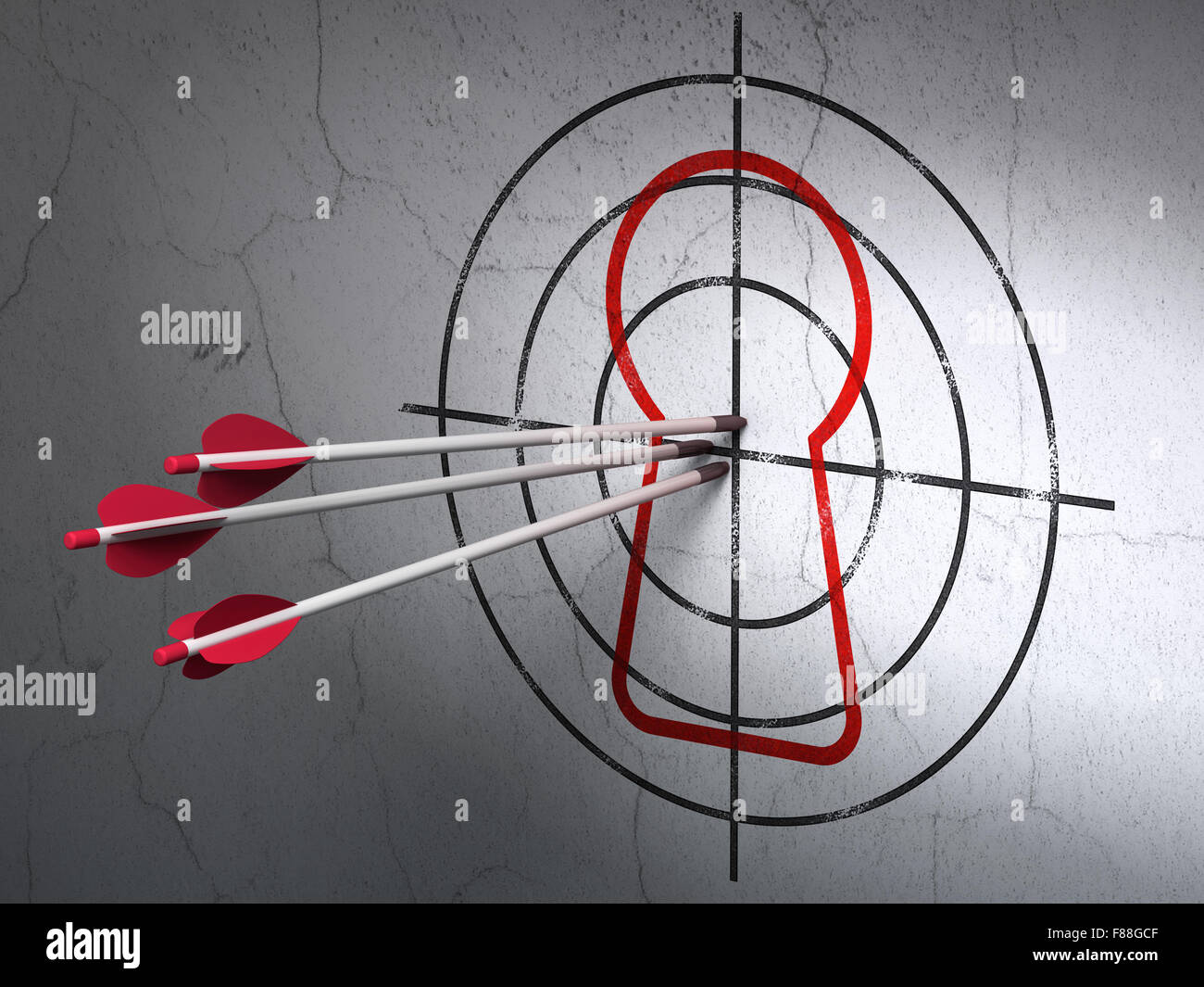 Information concept: arrows in Keyhole target on wall background Stock ...