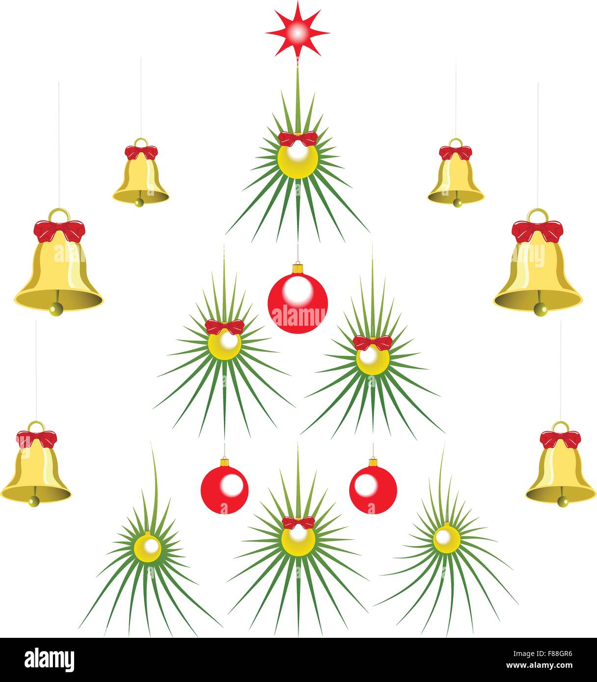 Set of abstract green Christmas tree with balls and bells. EPS10 vector ...