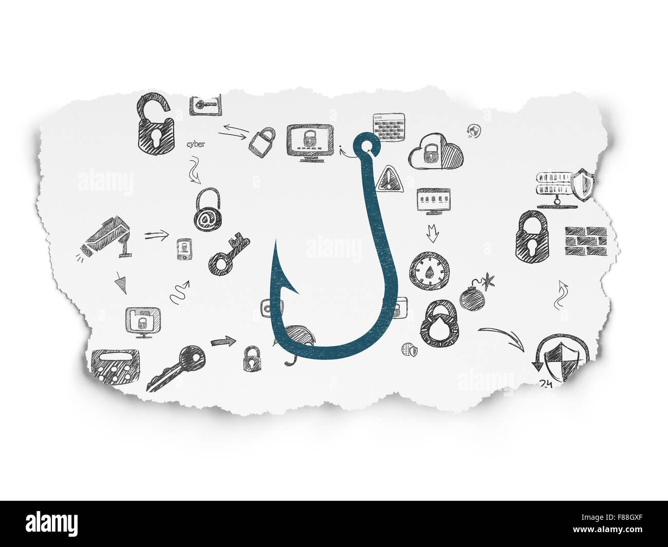 Security concept: Fishing Hook on Torn Paper background Stock Photo - Alamy