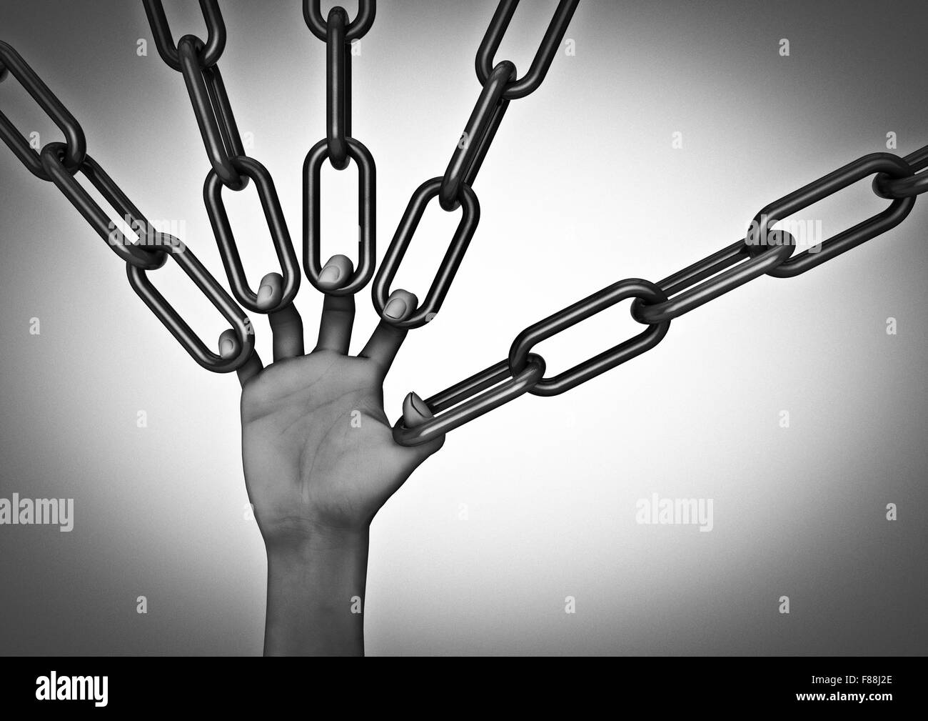 Hand link pull / 3D render of hand holding chains Stock Photo - Alamy