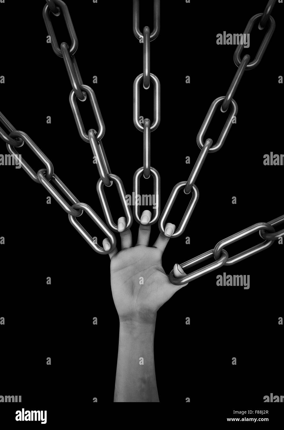 Hand link pull / 3D render of hand holding chains Stock Photo - Alamy
