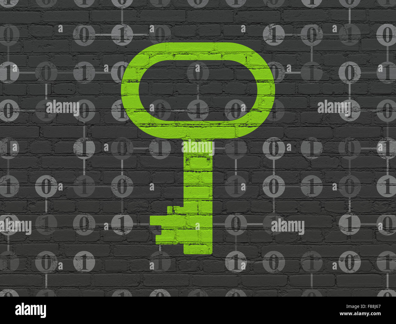 Safety concept: Painted green Key icon on Black Brick wall background with Scheme Of Binary Code ...