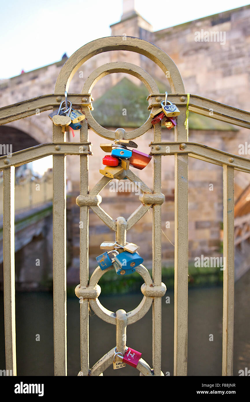 Lovers padlocks attached to the railings along bridges in Prague, Czech ...