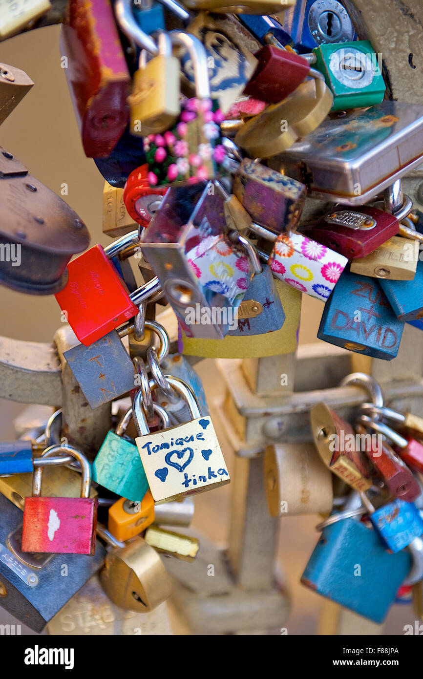 Lovers padlocks attached to the railings along bridges in Prague, Czech ...