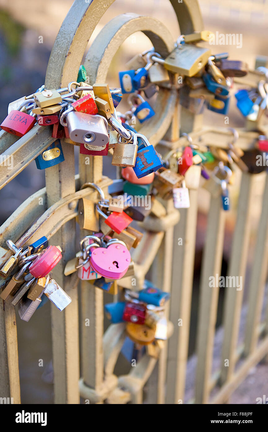 Lovers padlocks attached to the railings along bridges in Prague, Czech ...