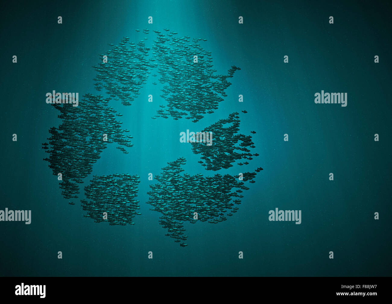 School of fish recycle symbol / 3D render of fish forming recycle ...