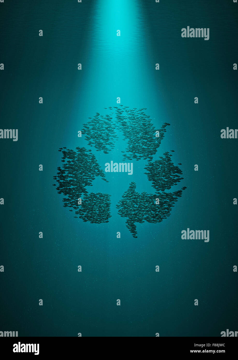 School of fish recycle symbol / 3D render of fish forming recycle ...