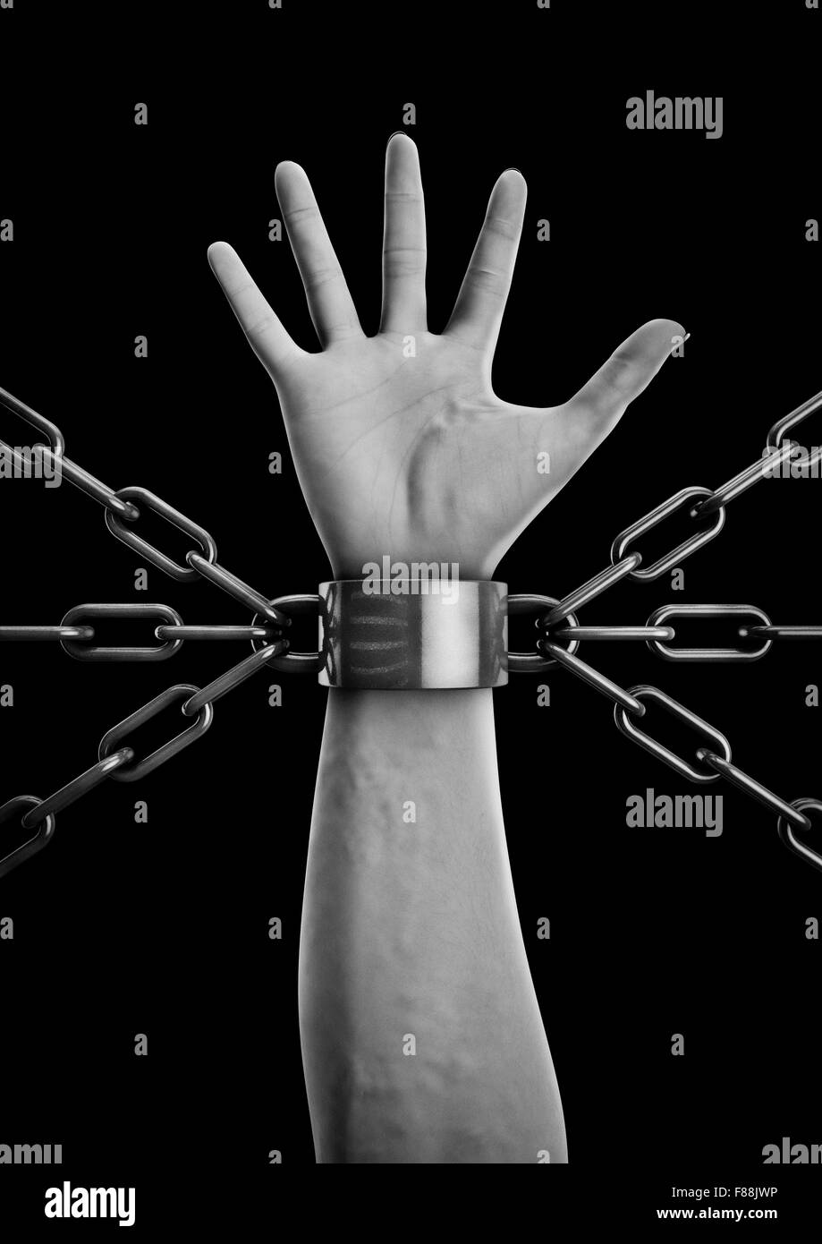 Shackled / 3D render of shackled hand with multiple chains Stock Photo ...
