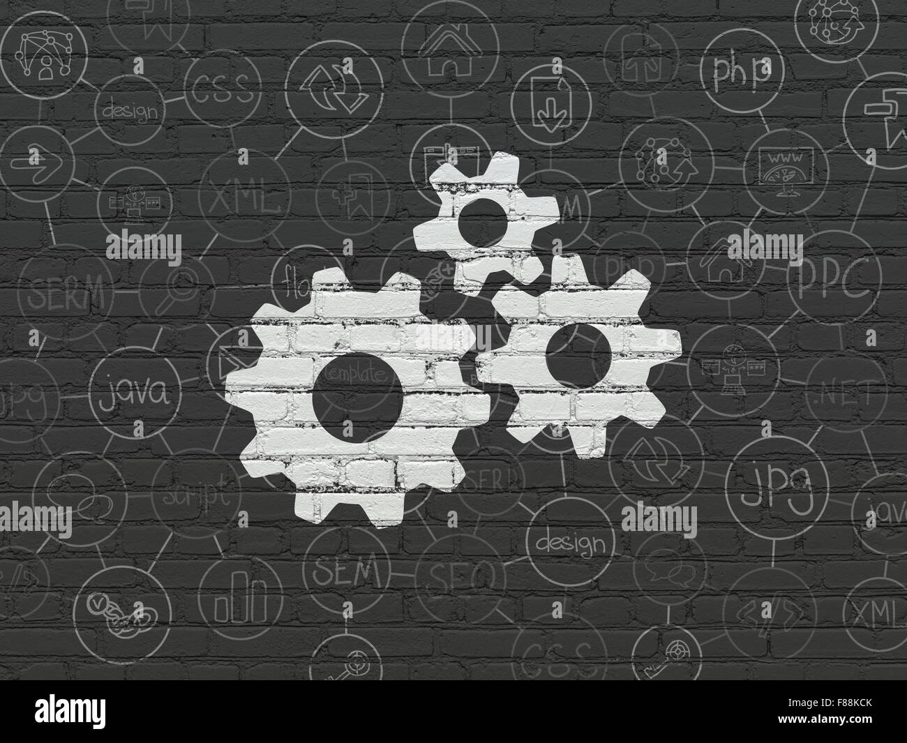 Web development concept: Gears on wall background Stock Photo - Alamy