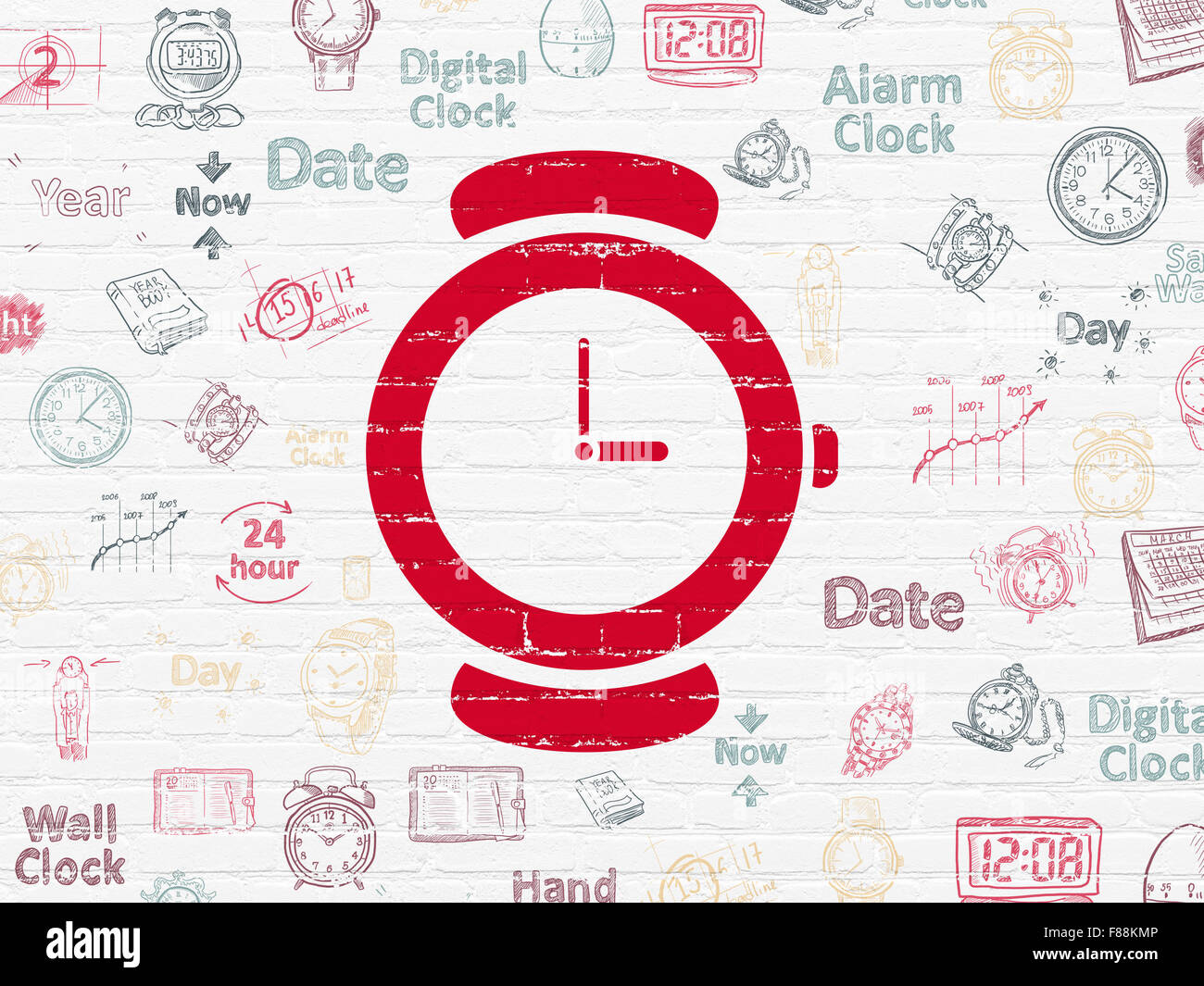 Time concept: Painted red Hand Watch icon on White Brick wall ...