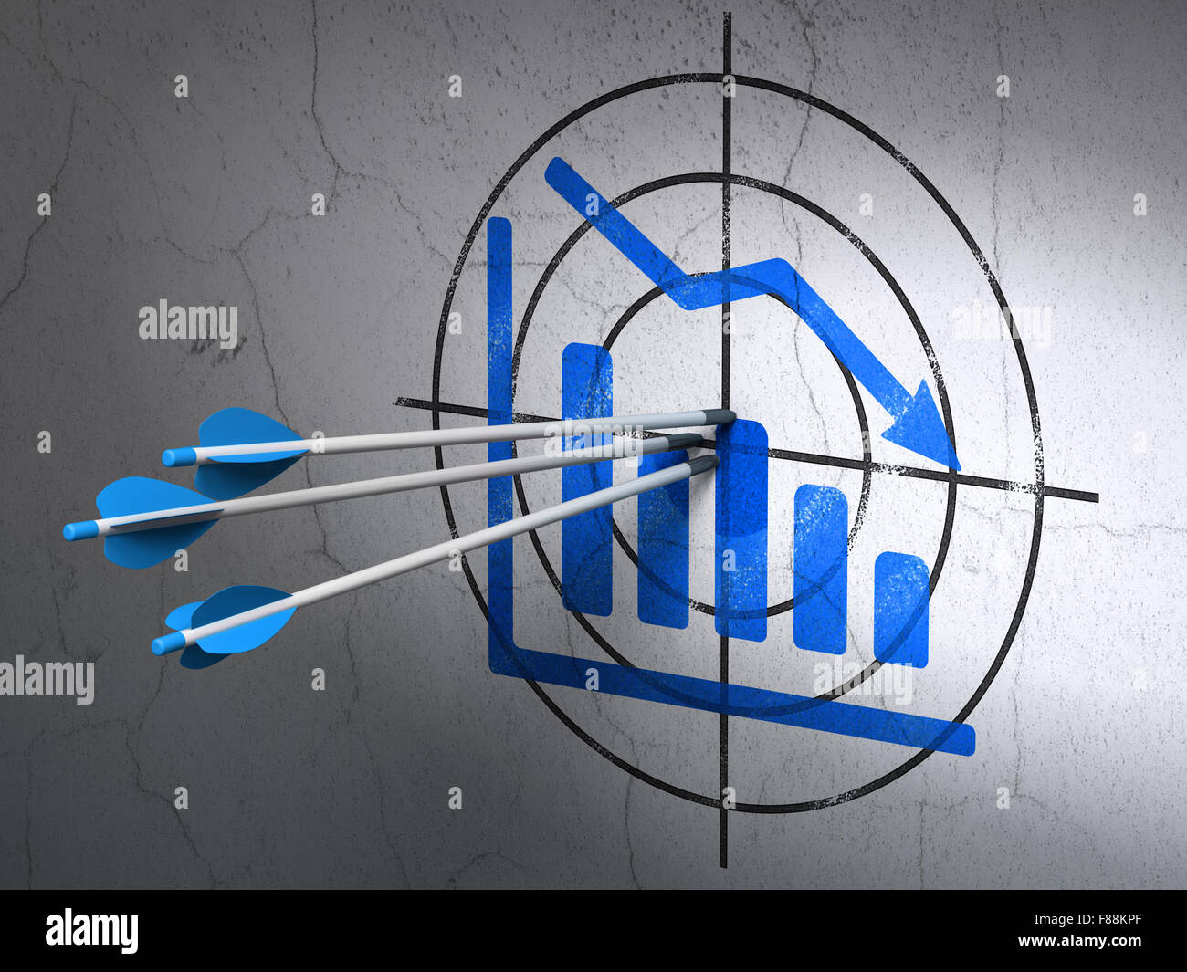 Marketing concept: arrows in Decline Graph target on wall background ...