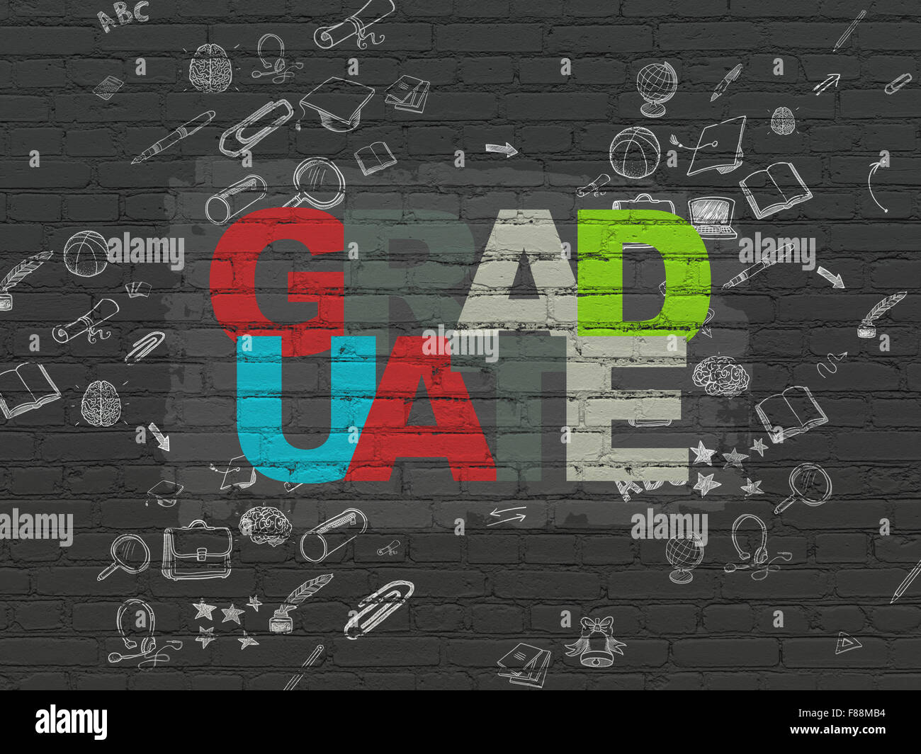Studying concept: Painted multicolor text Graduate on Black Brick wall ...