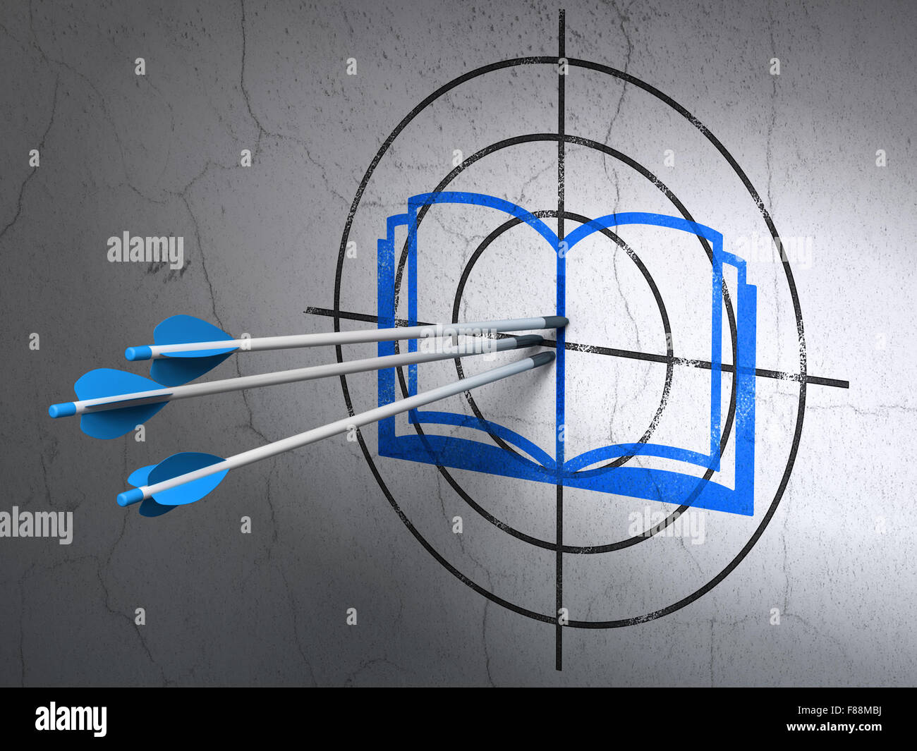 Studying concept: arrows in Book target on wall background Stock Photo ...