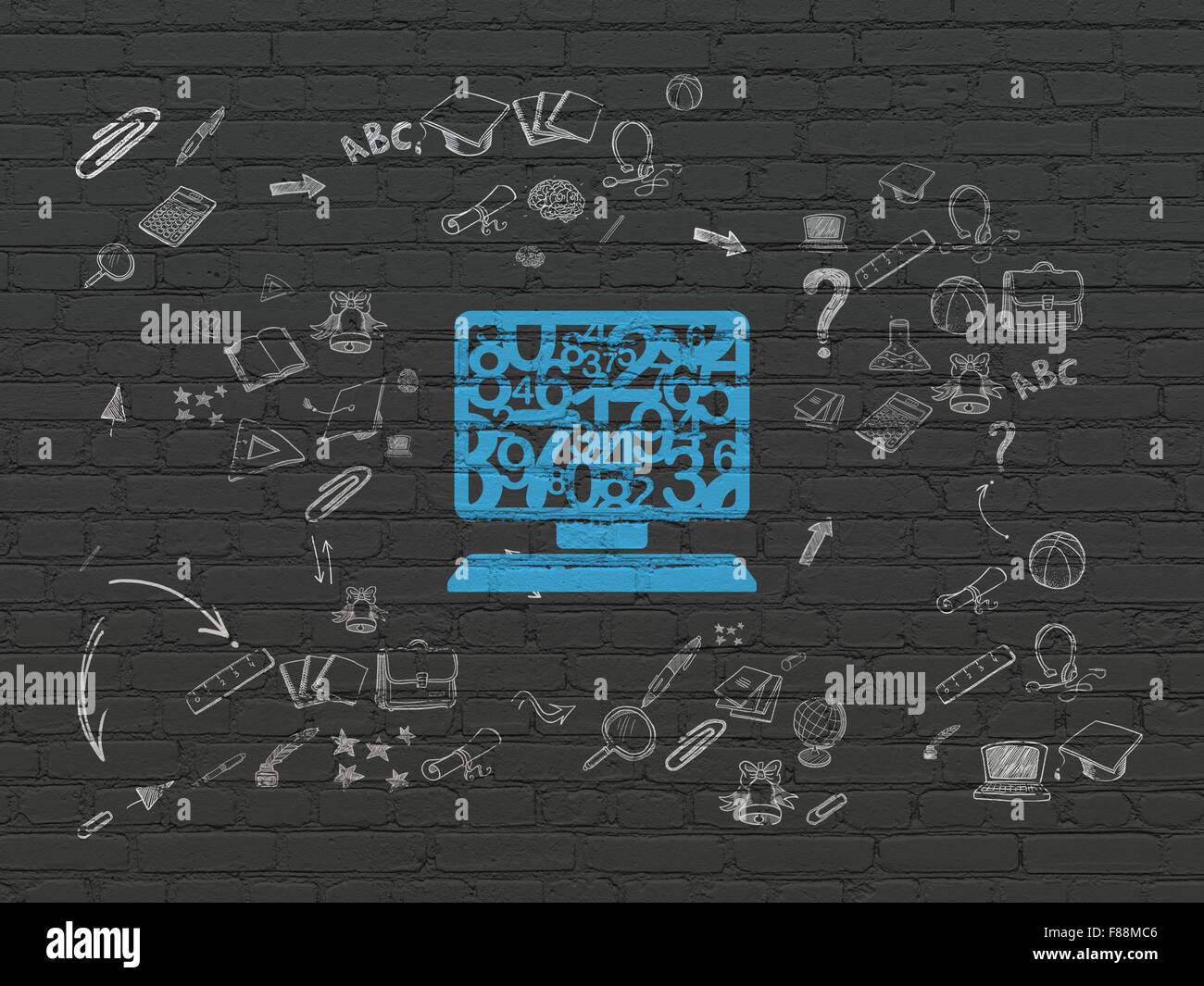 Education concept: Painted blue Computer Pc icon on Black Brick wall ...