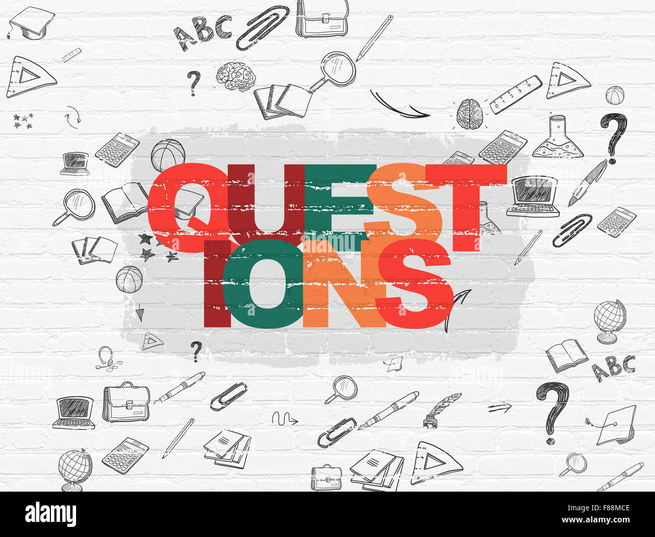 Learning concept: Questions? on wall background Stock Photo - Alamy