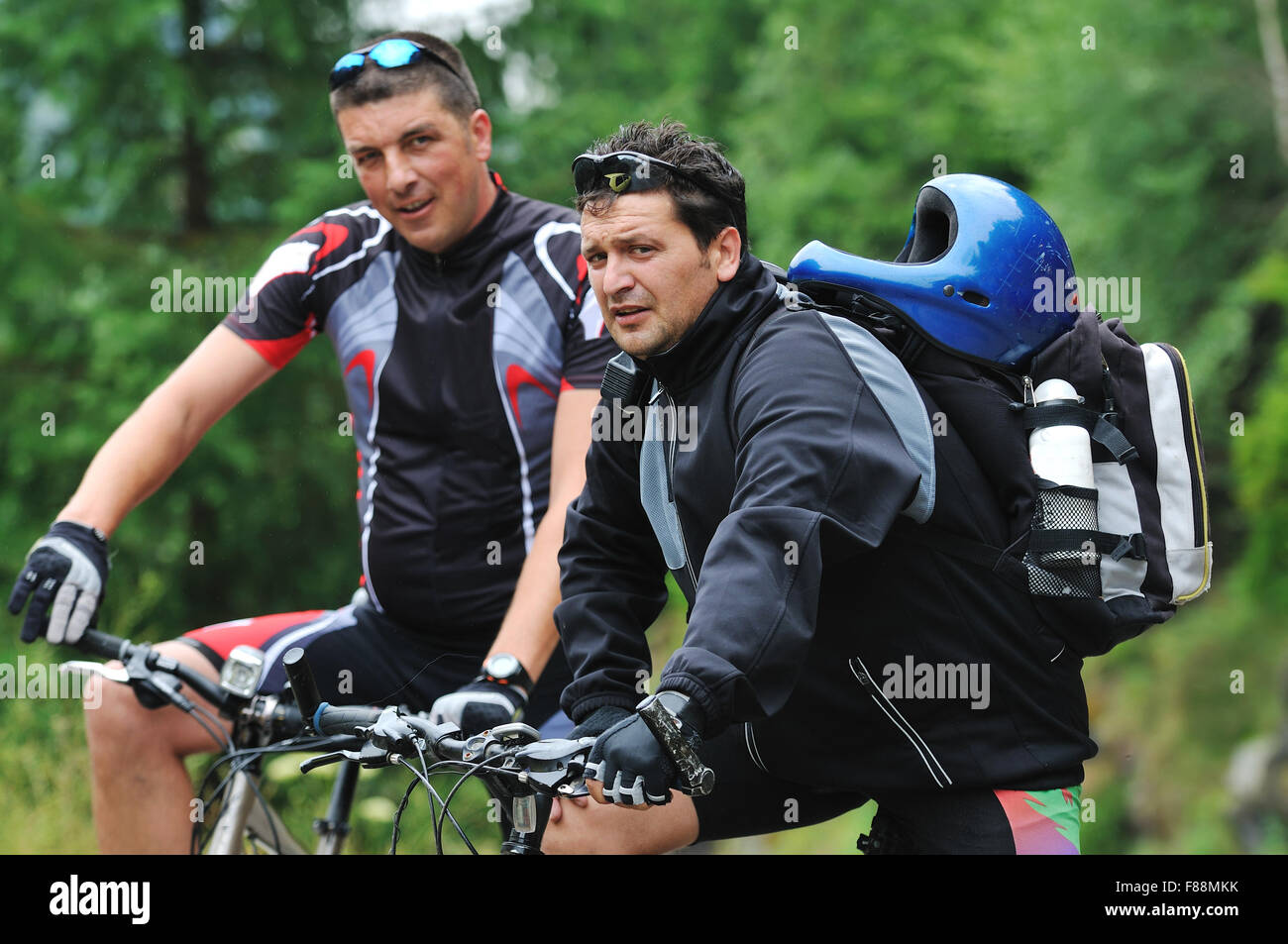 two friends have fun outdoor in nature and representing concept of ...