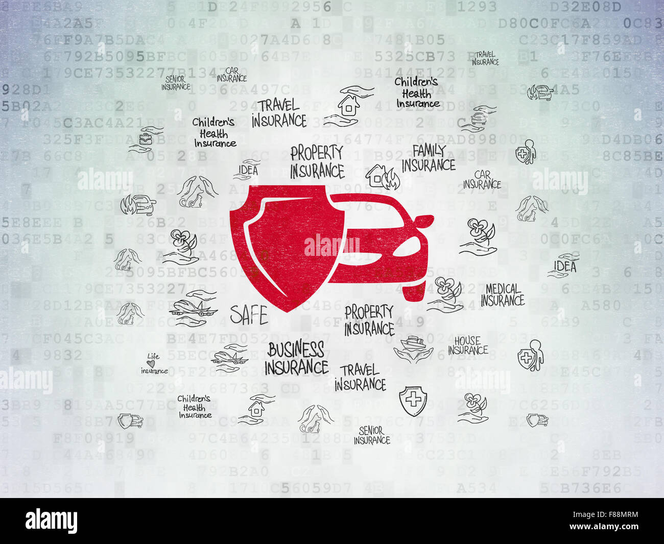 Insurance concept: Painted red Car And Shield icon on Digital Paper ...