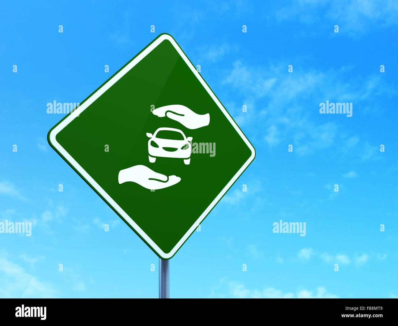Insurance concept: Car And Palm on road sign background Stock Photo - Alamy