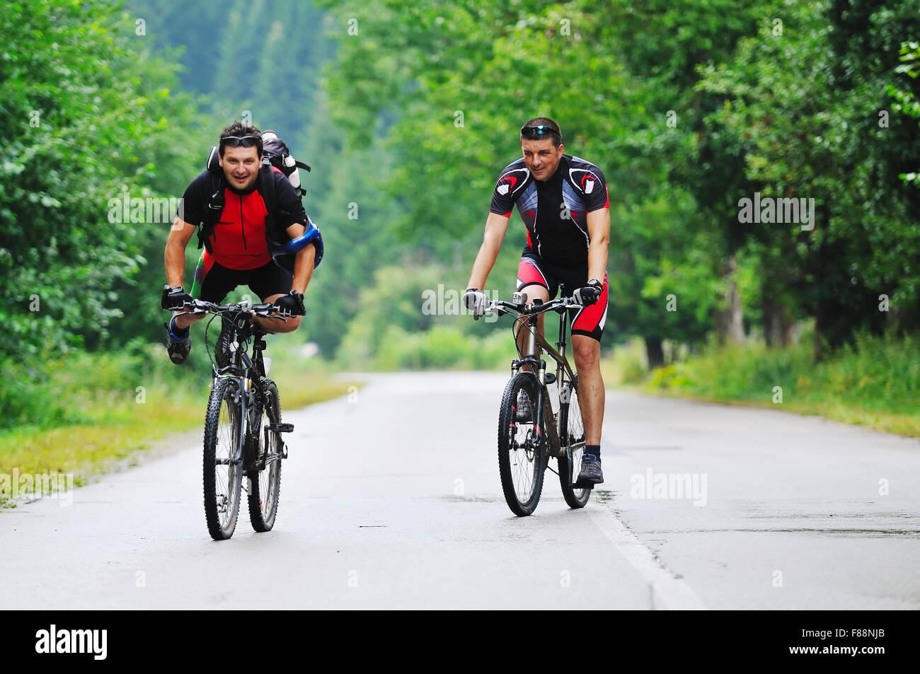 two friends have fun outdoor in nature and representing concept of ...