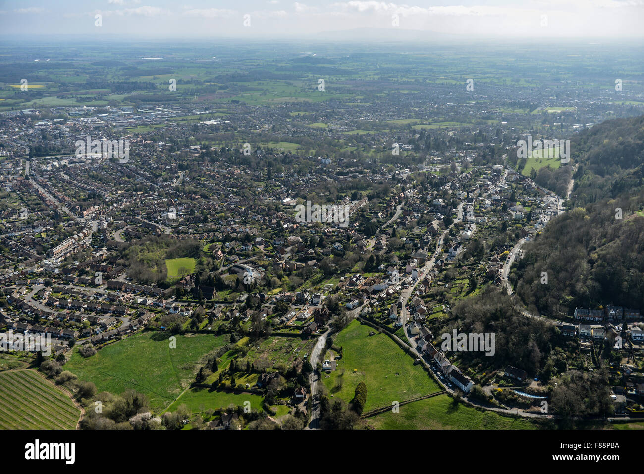 An aerial view of the Worcestershire town of Great Malvern and ...
