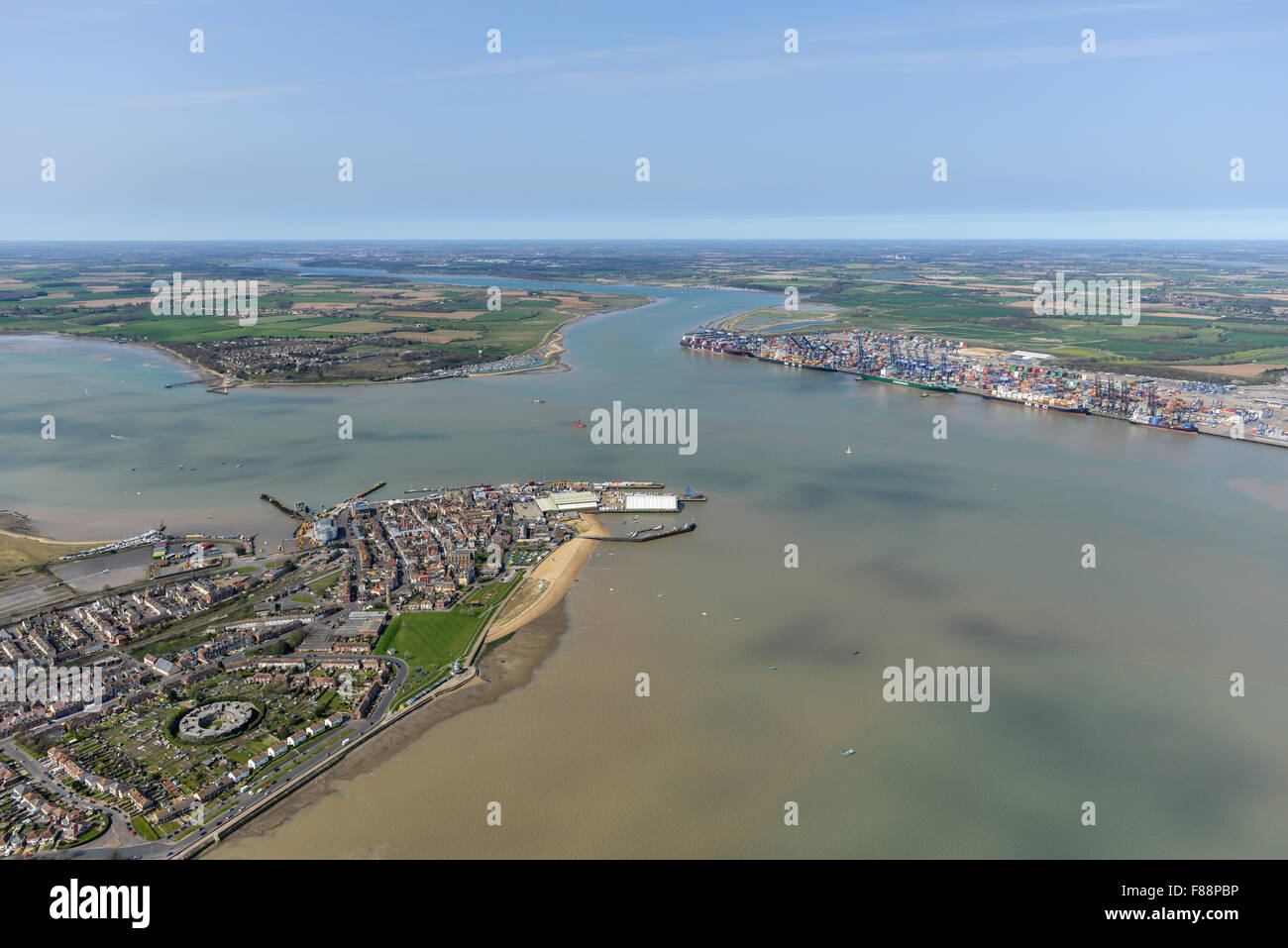 An aerial view from Harwich with Felixstowe and Shotley Gate visible in ...