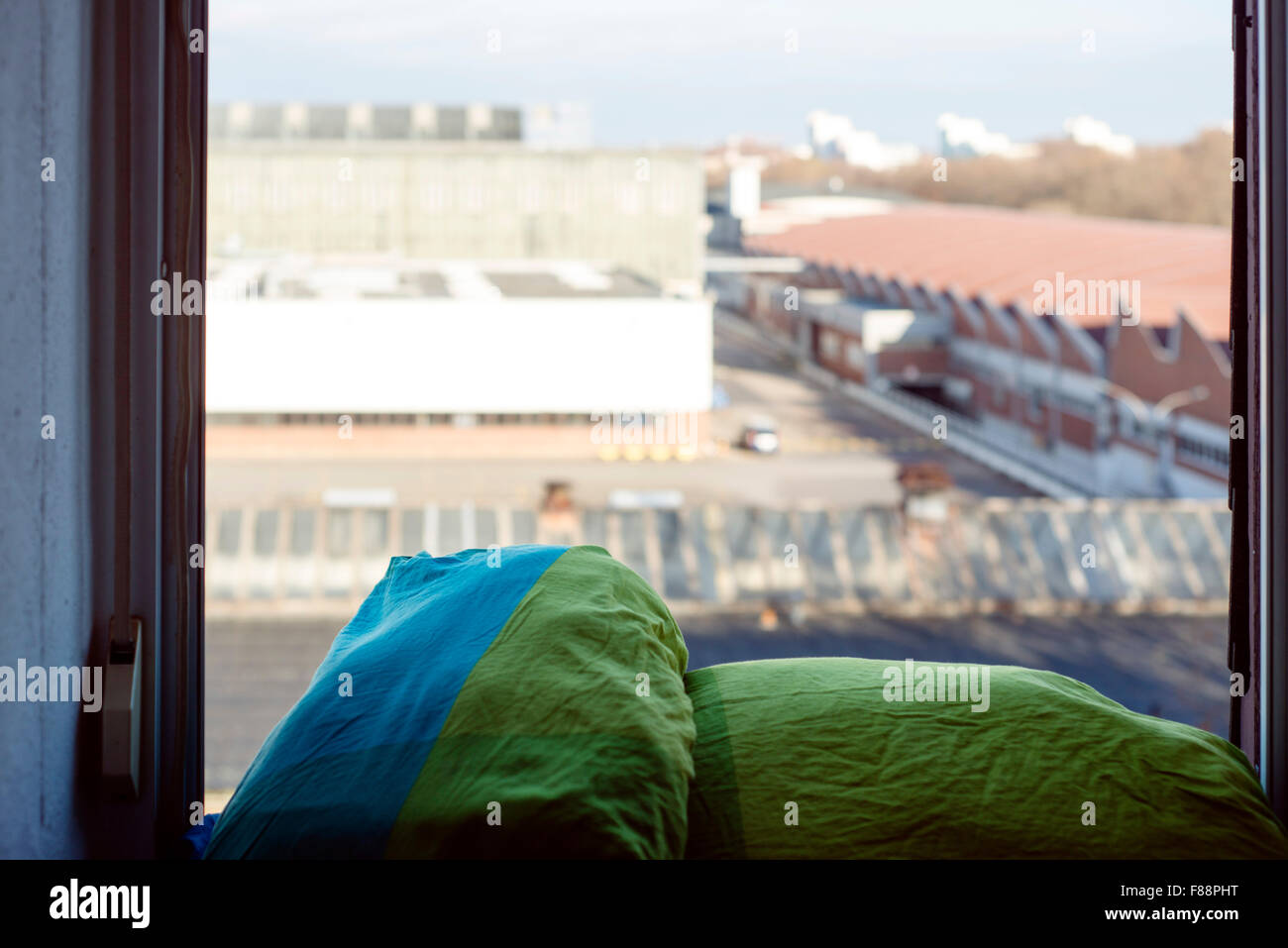 Blanket and pillow hung out for ventilation Stock Photo - Alamy
