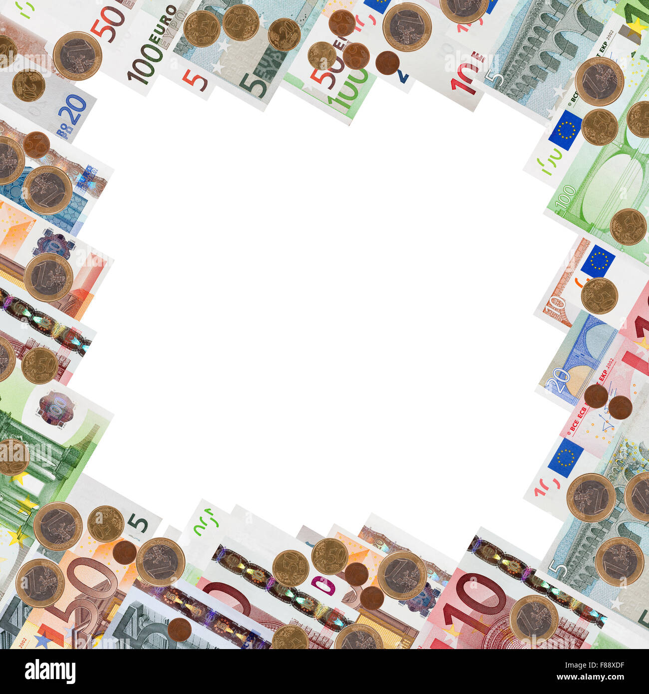 Frame from many euro banknotes and coins over white background Stock ...