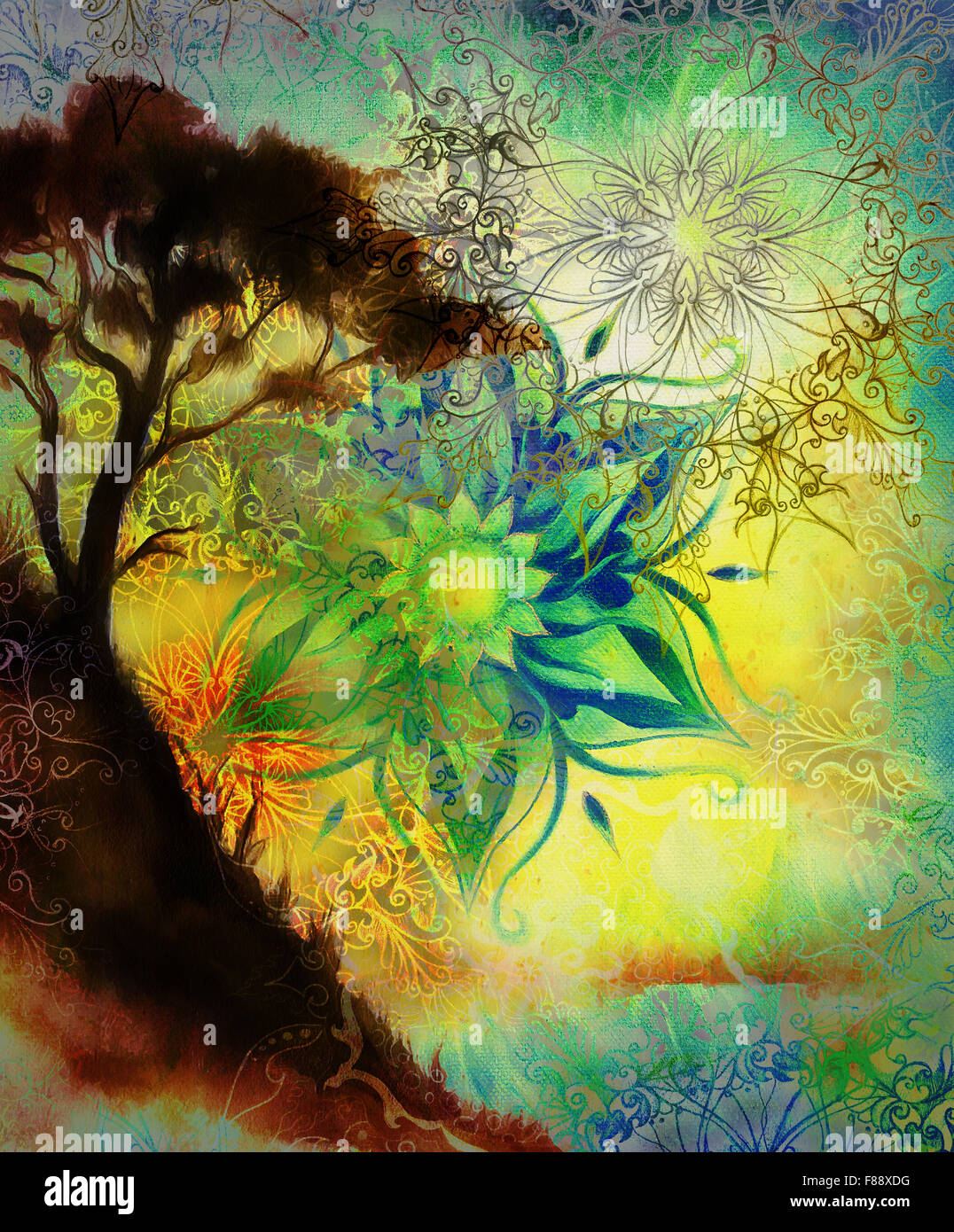 Painting sunset, and trees, wallpaper landscape and ornamental mandala ...