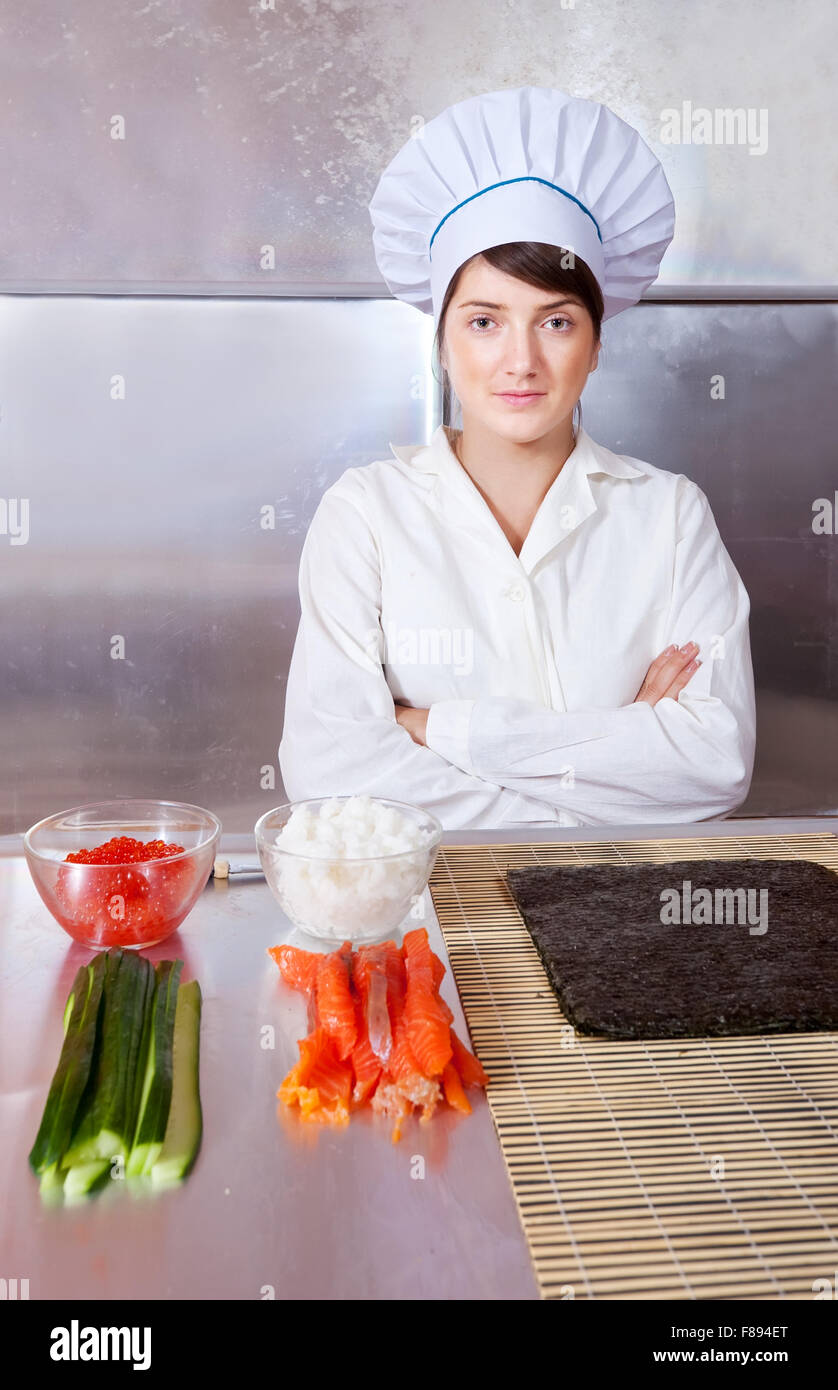 Cook woman with ingredients for making sushi rolls Stock Photo - Alamy