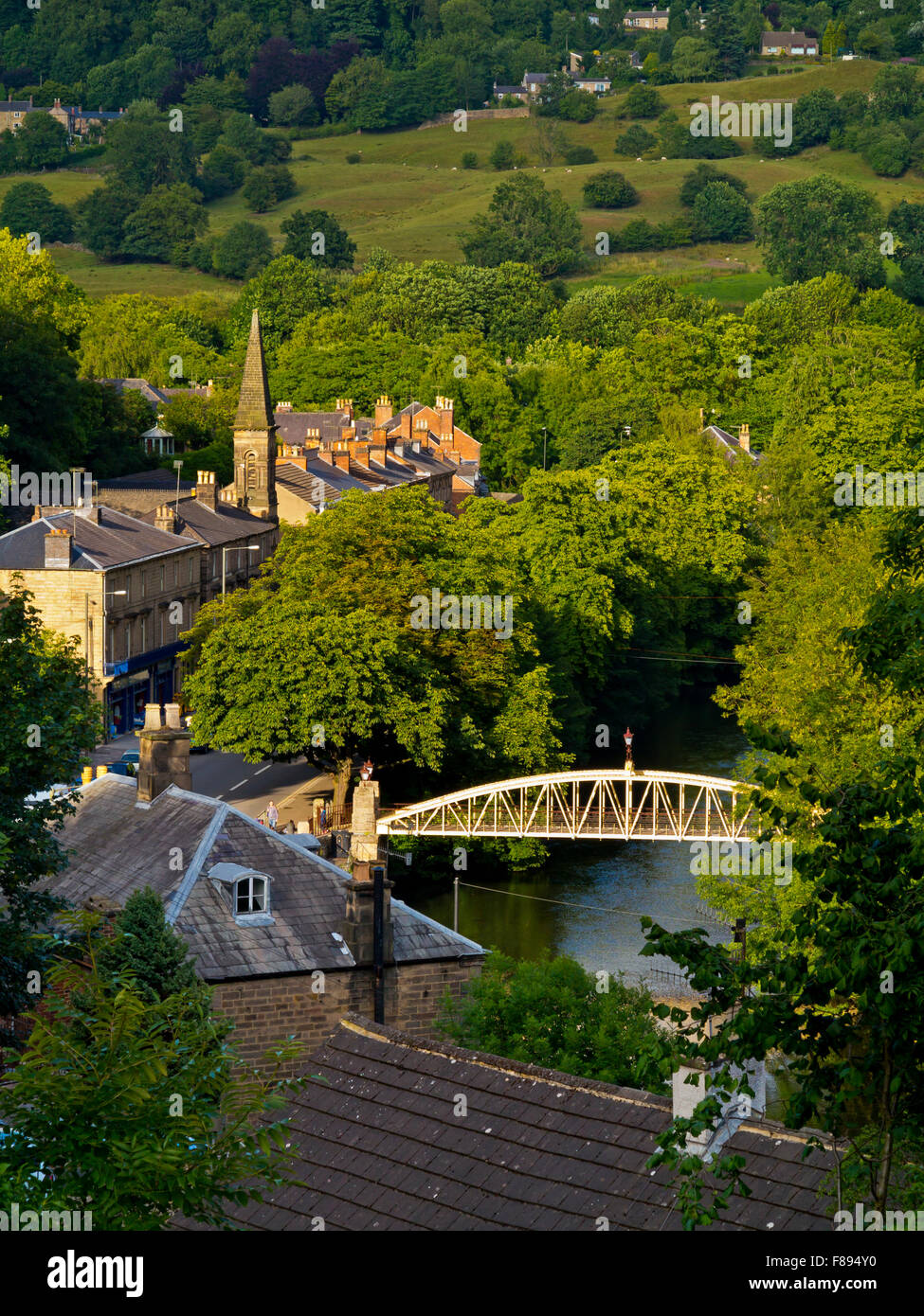 View looking down on Jubilee Bridge and River Derwent in Matlock Bath a ...