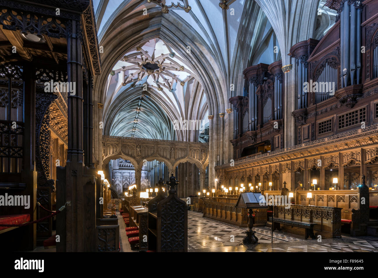 The choir or quire of Bristol Cathedral with its medieval choir stalls ...
