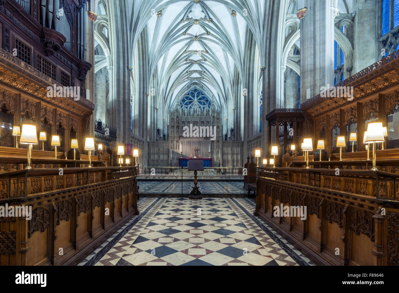 The choir or quire of Bristol Cathedral with its medieval choir stalls ...