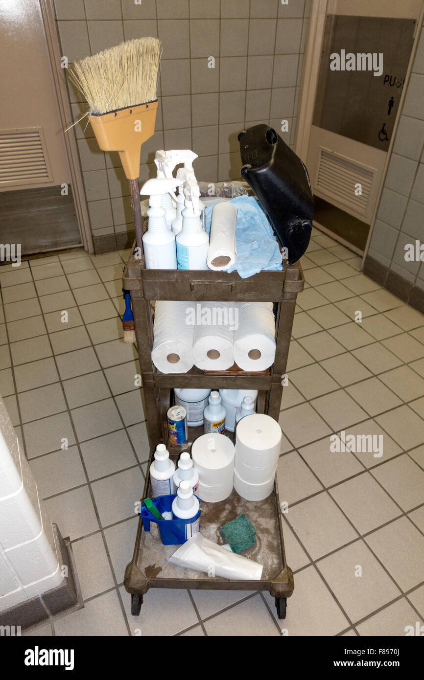 Cart with supplies for cleaning rest stop bathrooms. Freeway 94 ...