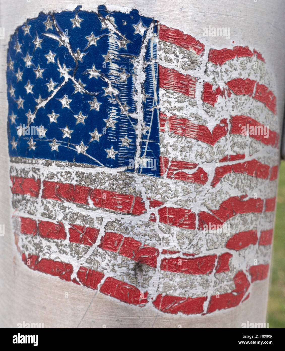 Crazed and cracked American flag decal on post at Freeway 94 Fuller ...